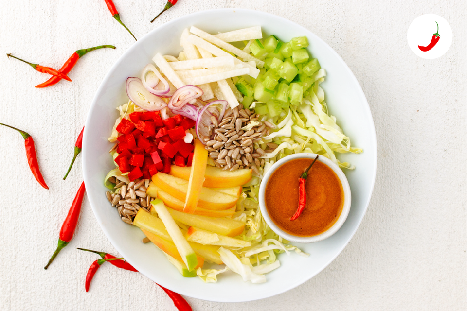 Spicy Balinese Apple Salad w/ Papaya Thai Bird Vinaigrette with Coconu – Vegetable + Butcher