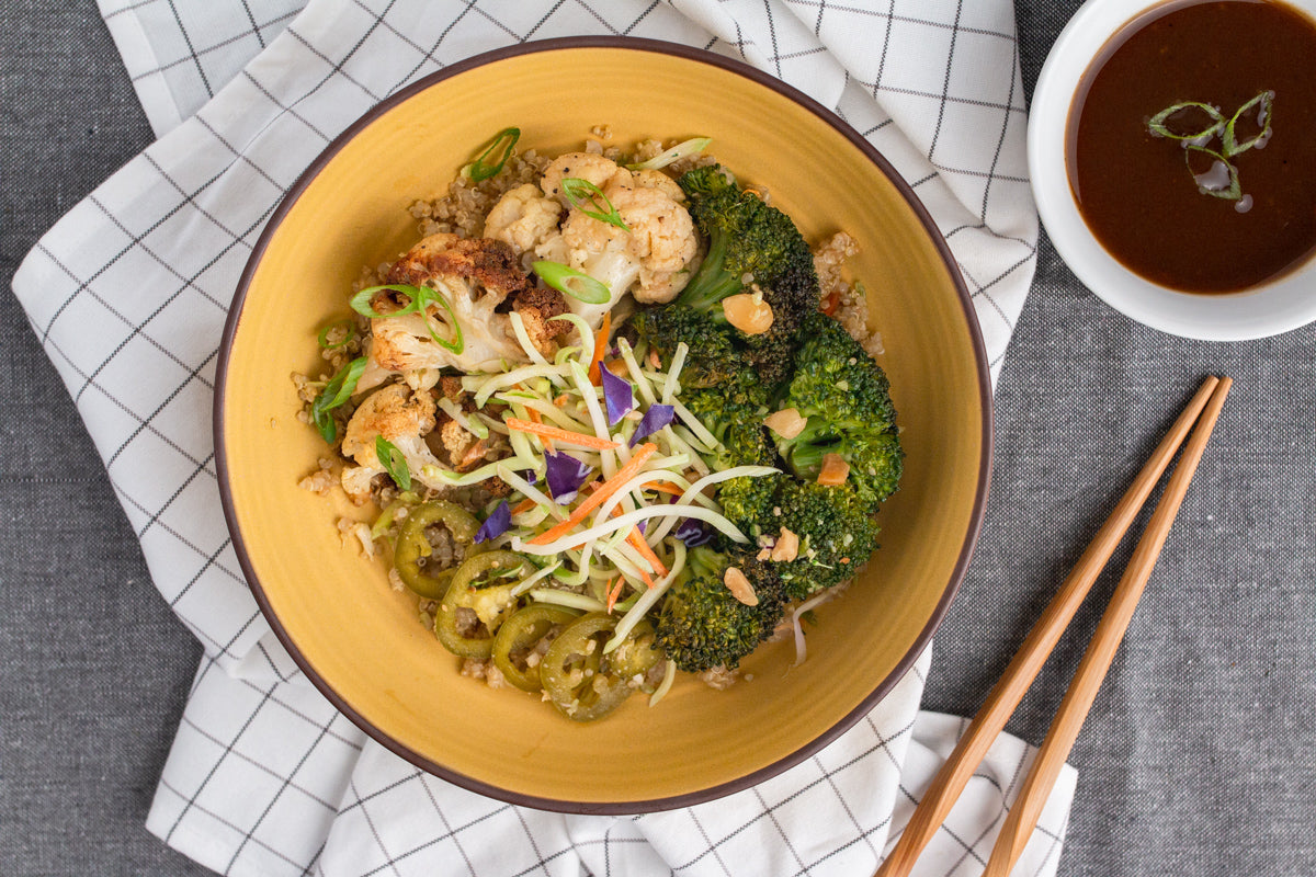 Roasted Broccoli and Cauliflower Bowl w/ Spicy Peanut Sauce + Tangy Ja ...